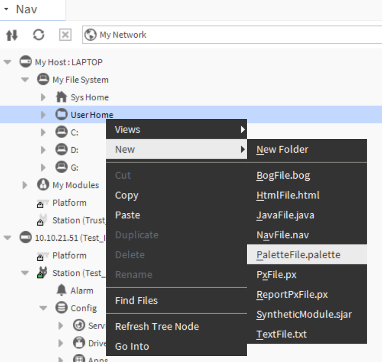 Creating my palette and customizing the "New" menu