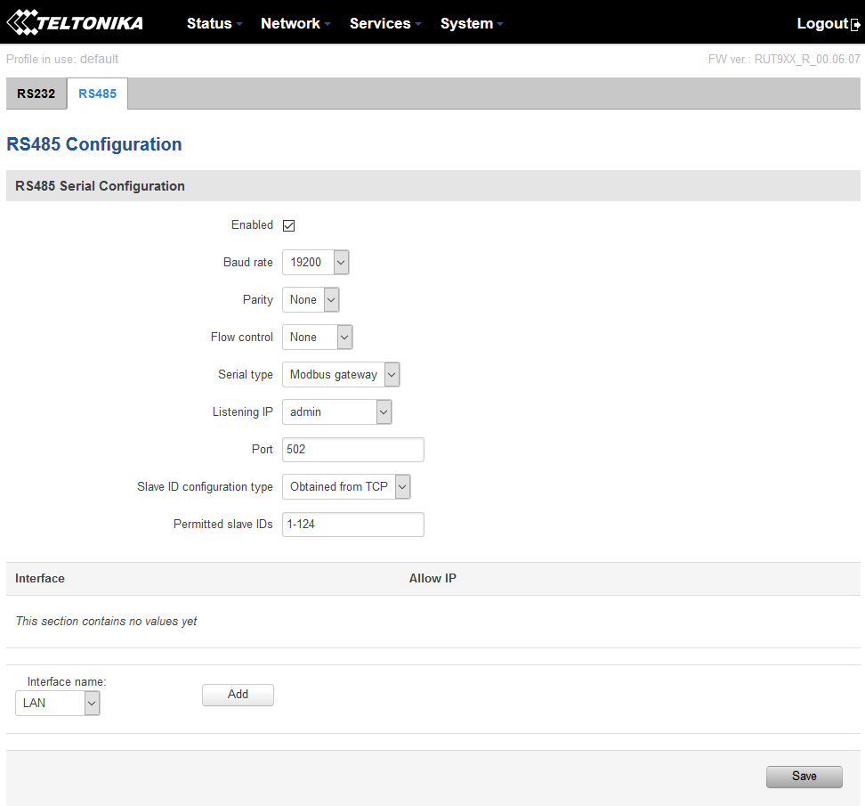 How do I set up the router to work as a RS485 to TCP Modbus gateway?